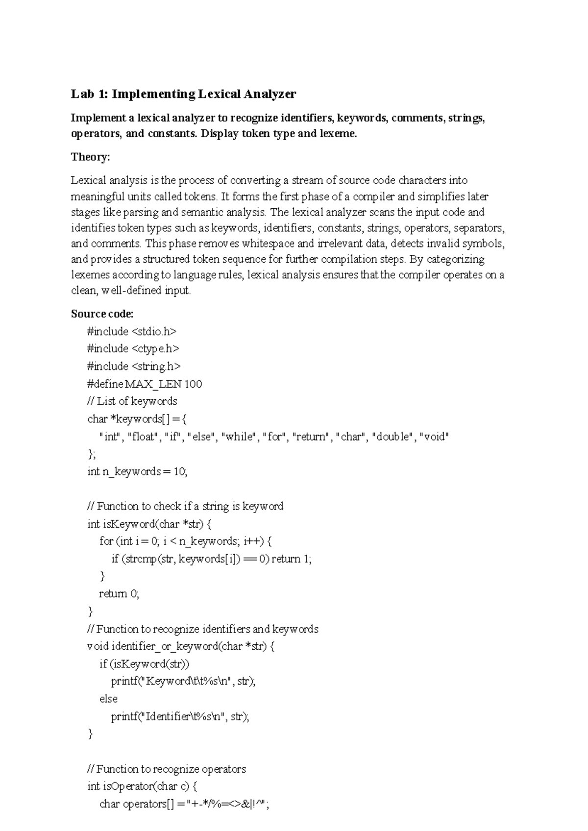 Lab 1: Lexical Analyzer Implementation for Compiler Design - Studocu