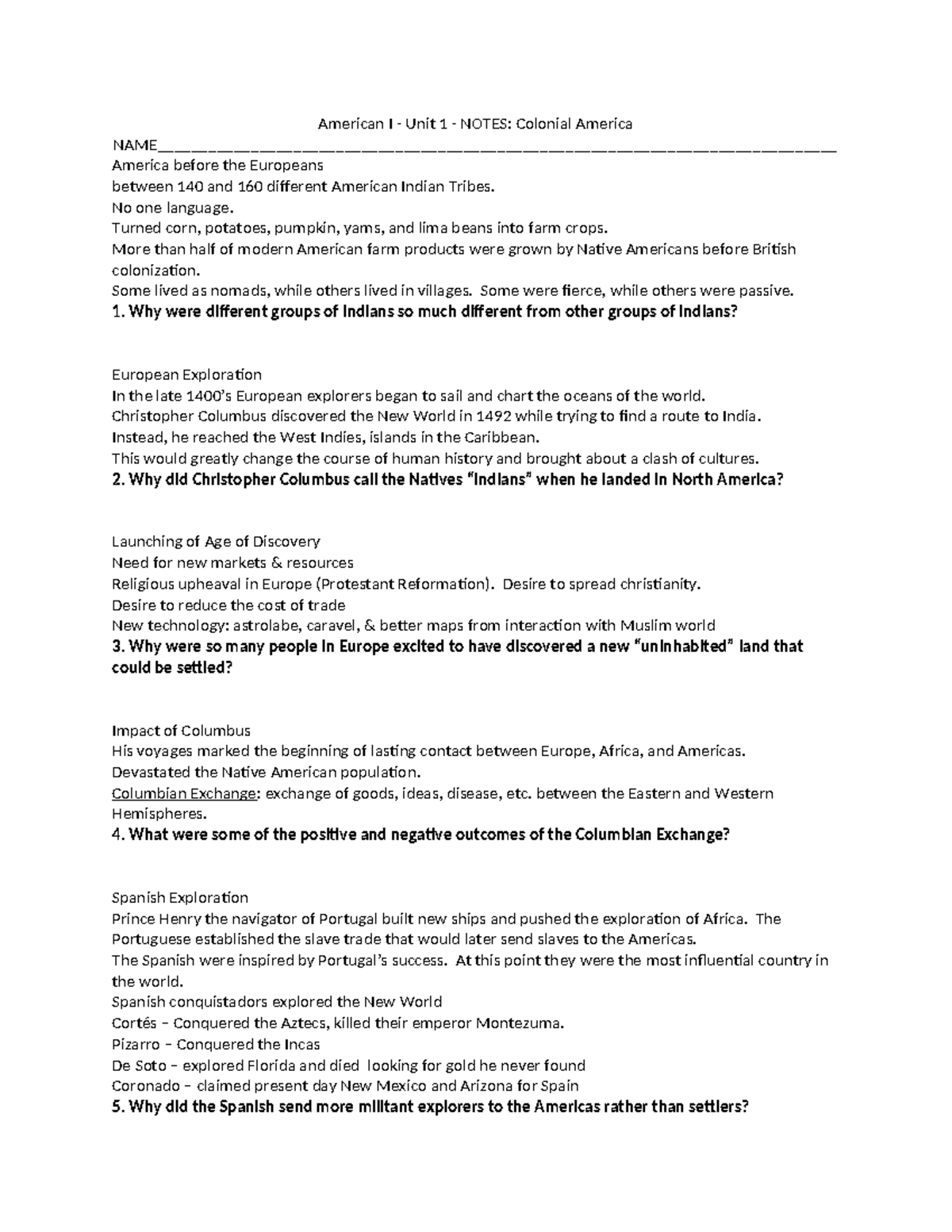 Colonial America: Unit 1 Notes on Native Tribes & European Exploration ...