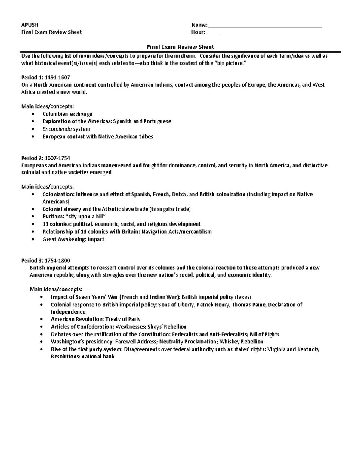 APUSH Final Exam Review Sheet: Key Concepts and Main Ideas - Studocu