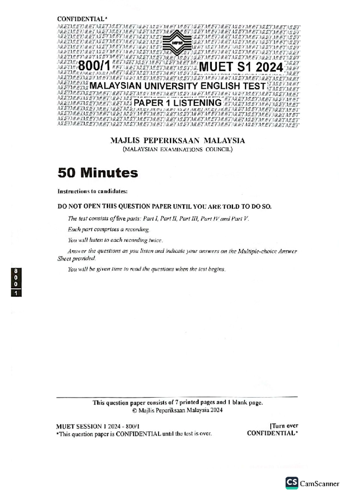 MUET 2024 S1 Listening - Sample Question Paper for Candidates - Studocu