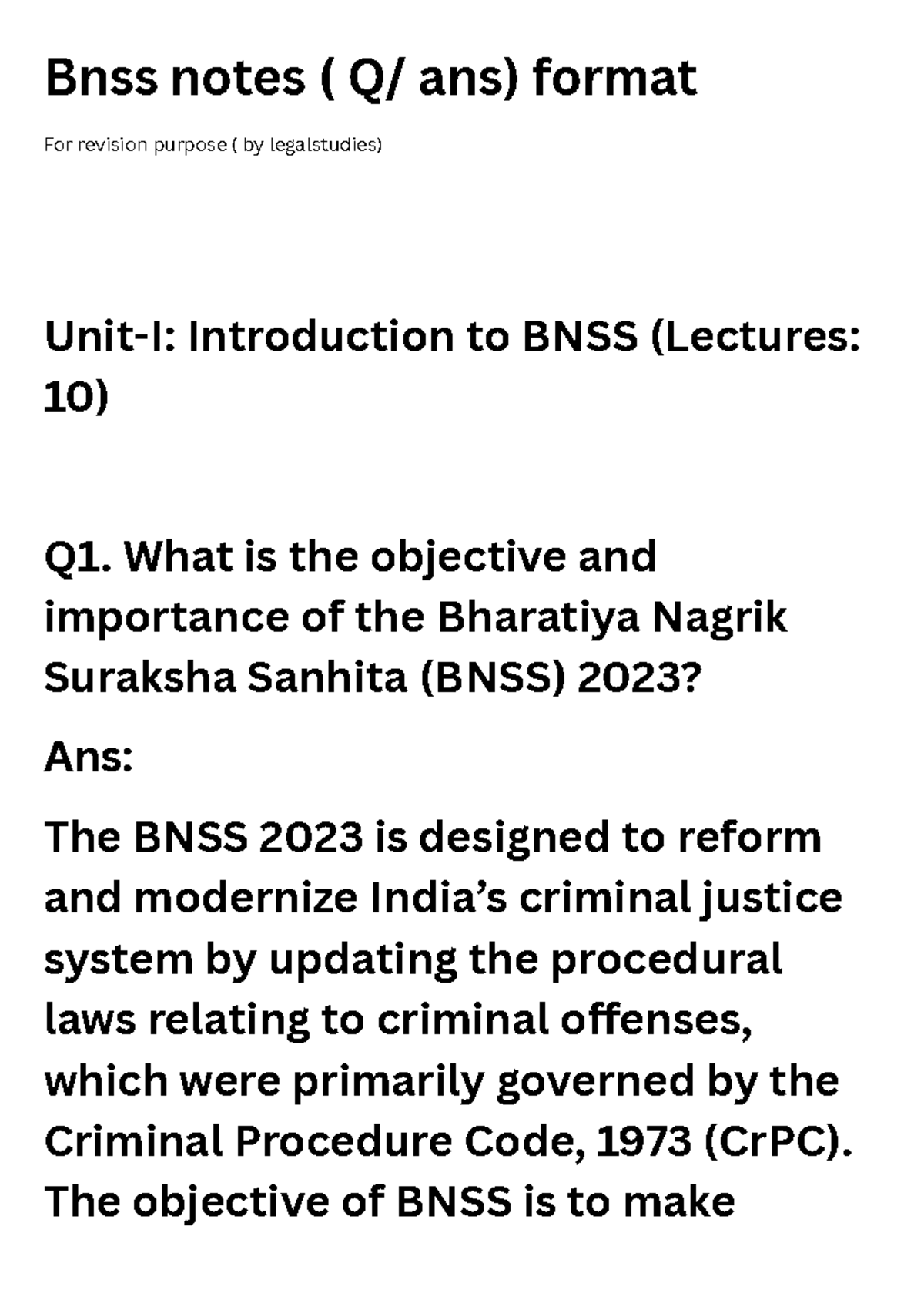 BNSS 2023 Notes: Key Concepts & Objectives for Legal Studies Revision ...