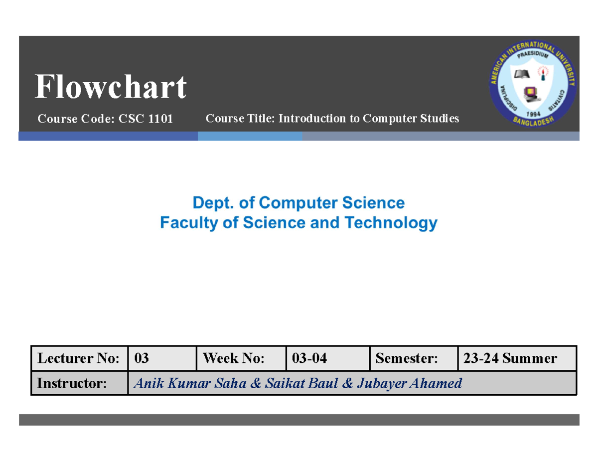 ICS Lecture Week 3 Flowchart Slide - Flowchart Course Code: CSC 1101 Lecturer No: 03 Week No: 03 ...