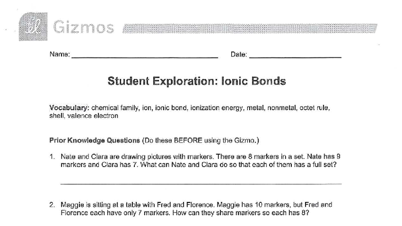 Exploring Ionic And Covalent Bonds Student Gizmo Activities Sci101