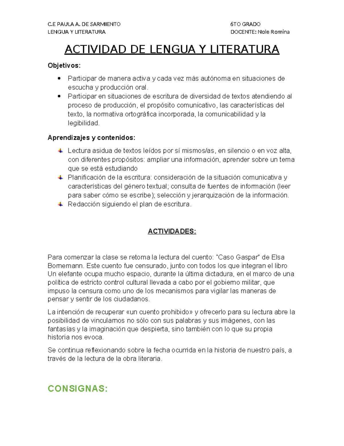 Actividad de Lengua y Literatura - 6to Grado (Docente: Nole Romina ...