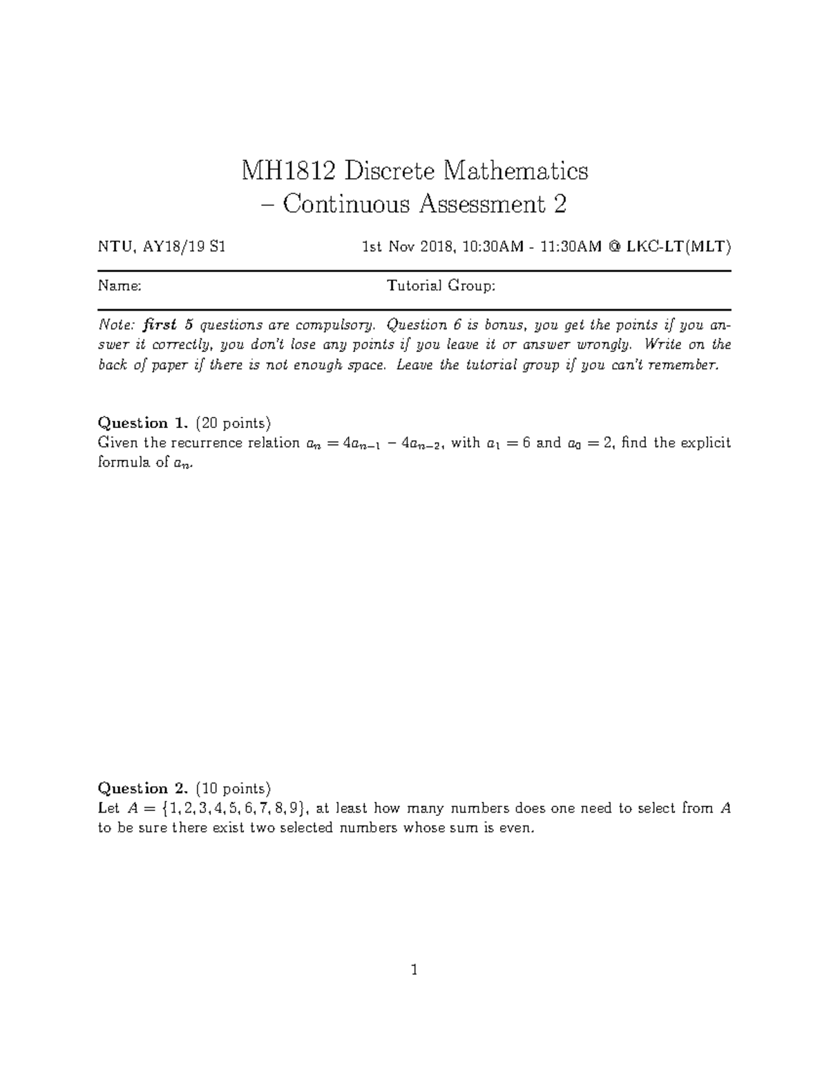 MH1812 Discrete Mathematics CA2 - Tutorial Questions & Guidelines - Studocu