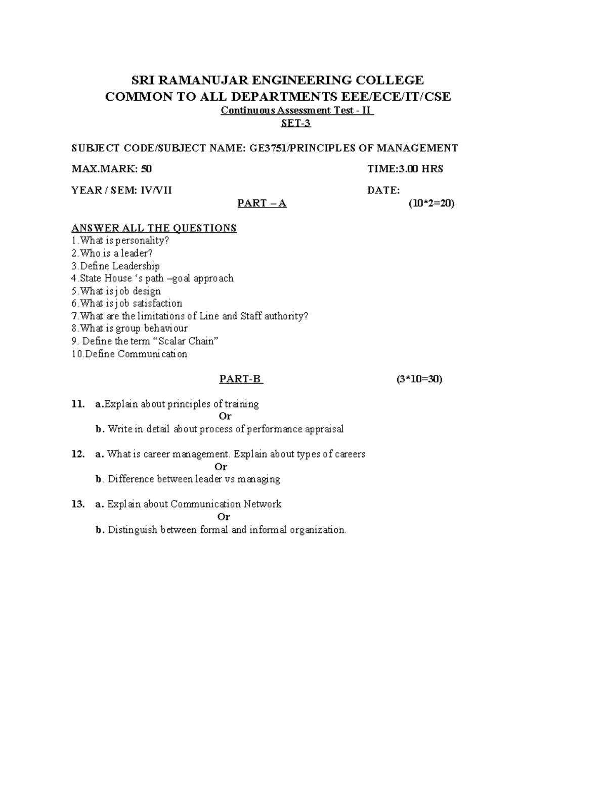 POM Catii SET 3 - Continuous Assessment Test II on Management - Studocu