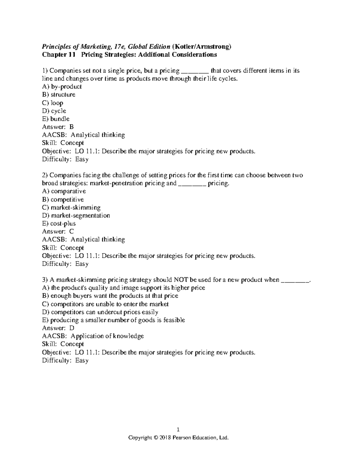 Chapter 11 - Pricing Strategies: Testbanks and Practice Questions - Studocu