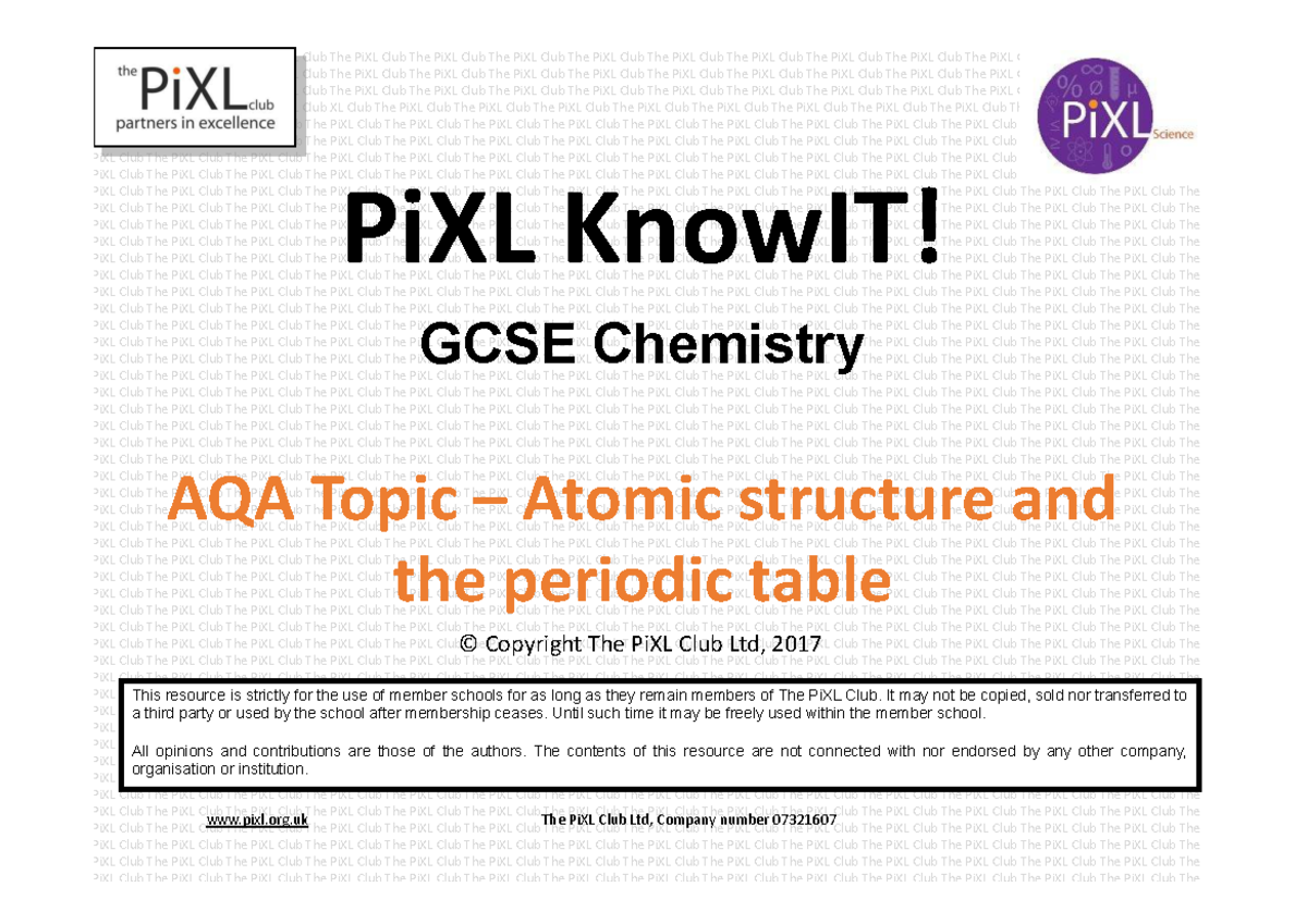 PiXL Club: Key Topic 1 - Atomic Structure & Periodic Table - Studocu
