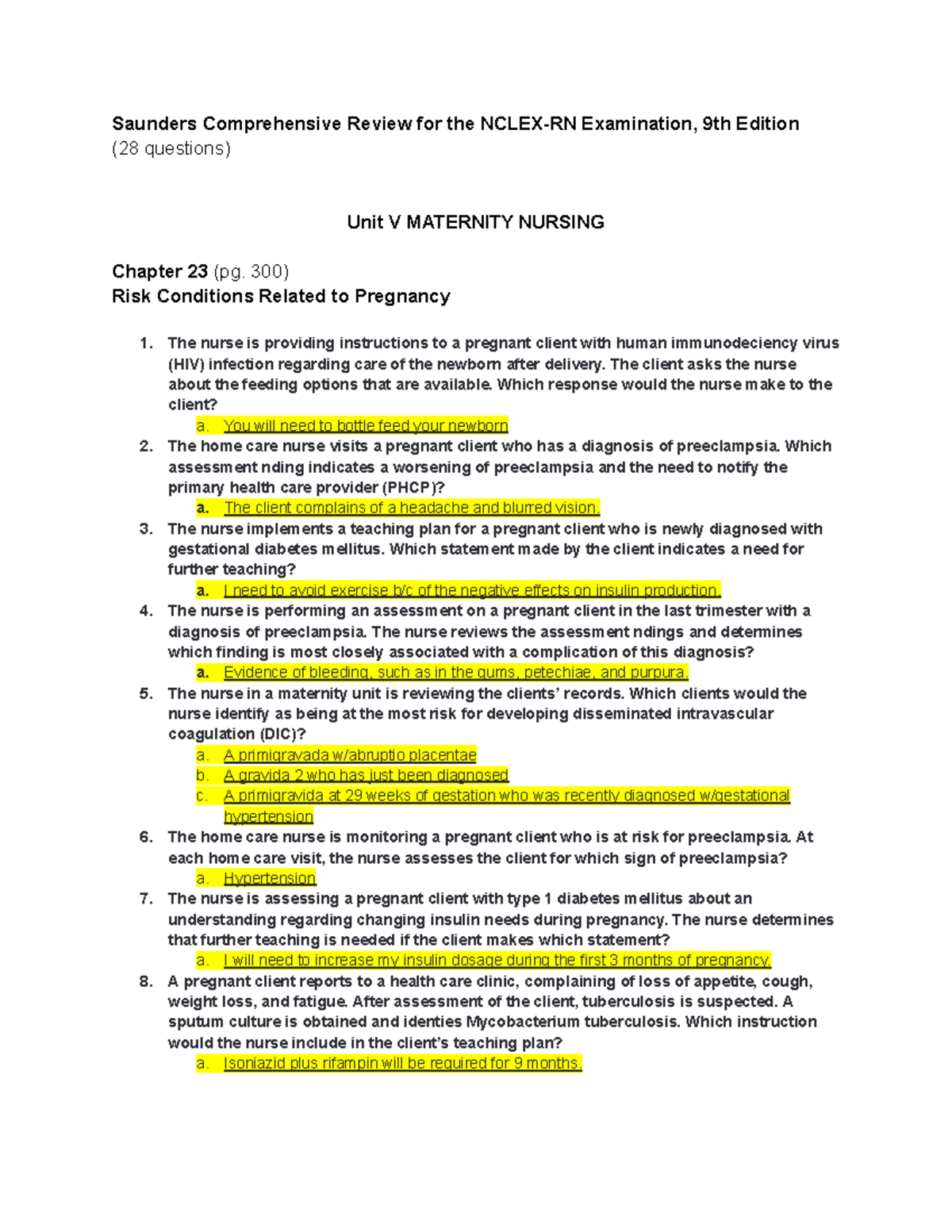 Saunders Maternity Nursing Review Questions for NCLEX-RN: Exam 2 - Studocu