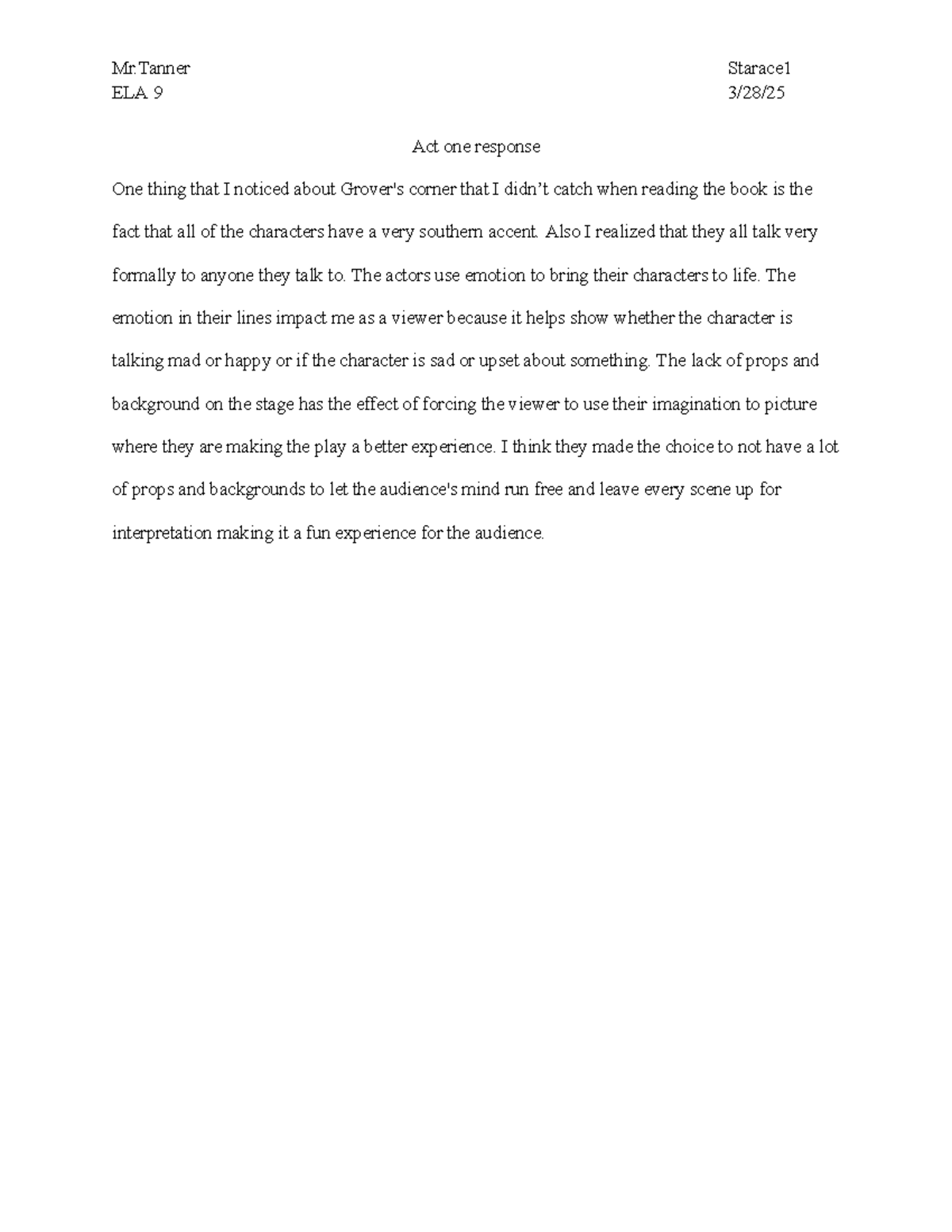 ELA 9 Act One Response: Insights on Grover's Corners Performance - Studocu