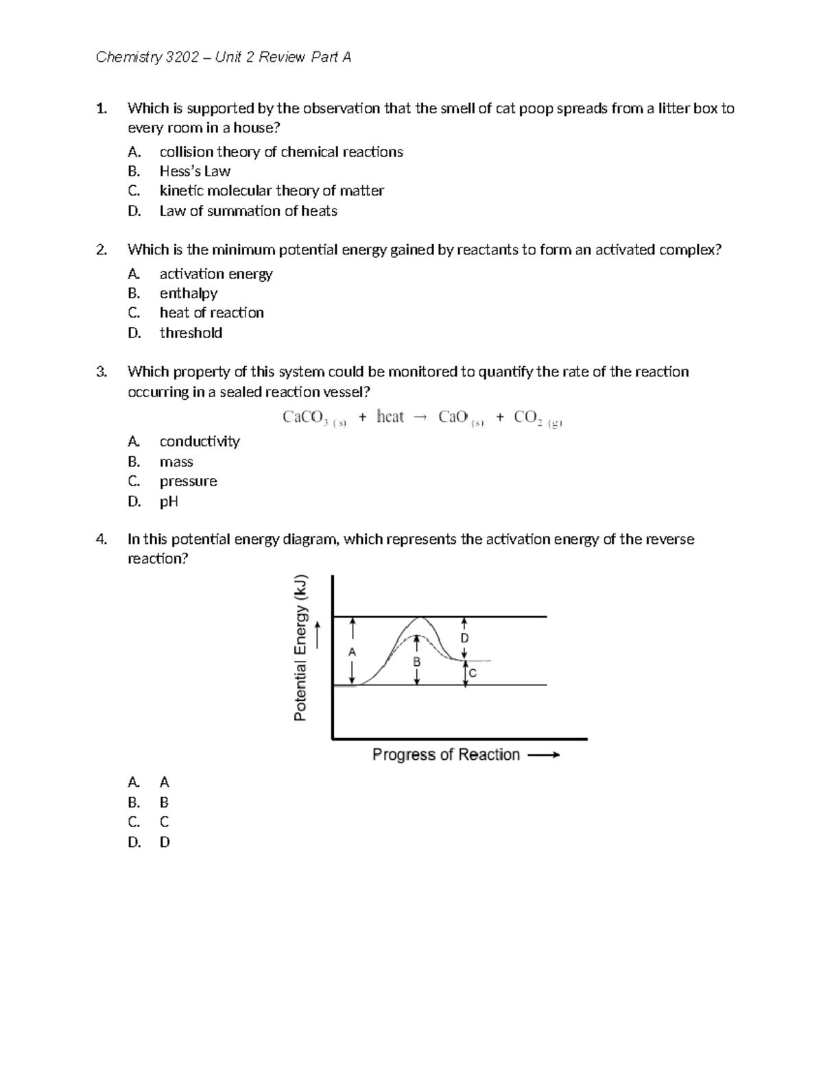 Chemistry 3202 Unit 2 Test Review Part A: Reaction Rates & Mechanisms ...