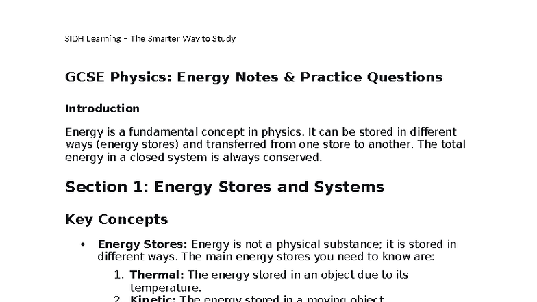 GCSE Physics (SIDH): Energy Concepts & Practice Questions - Studocu