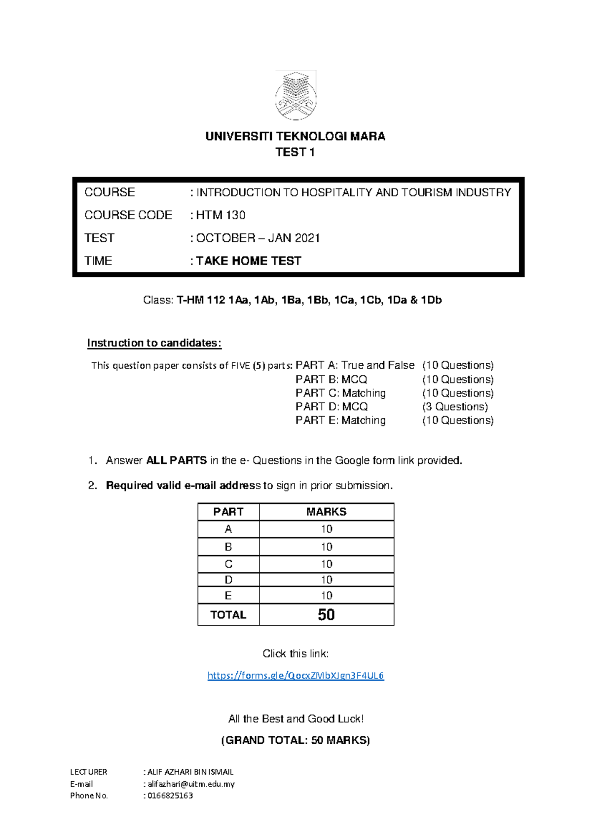 HTM130 TEST 2 E- Question Paper - LECTURER : ALIF AZHARI BIN ISMAIL E ...