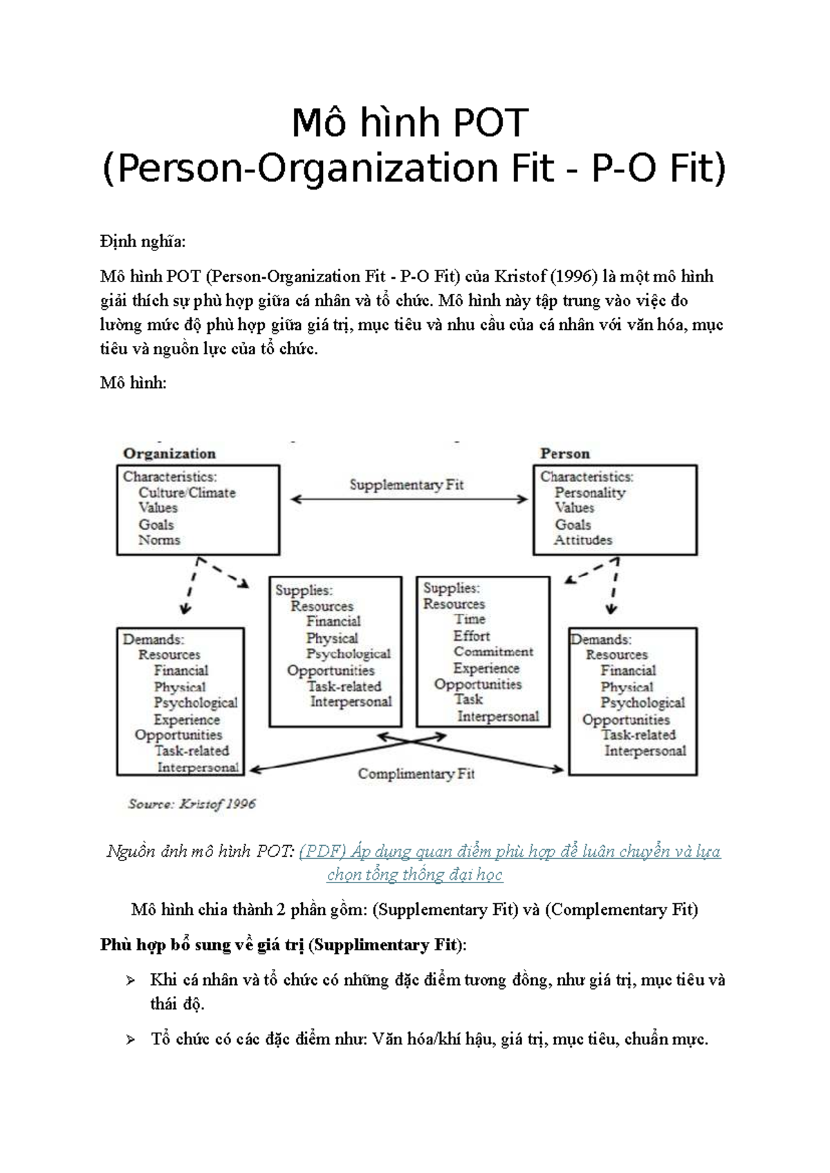 Mô hình POT (Person-Organization Fit) và Phân Tích Sự Phù Hợp - Studocu