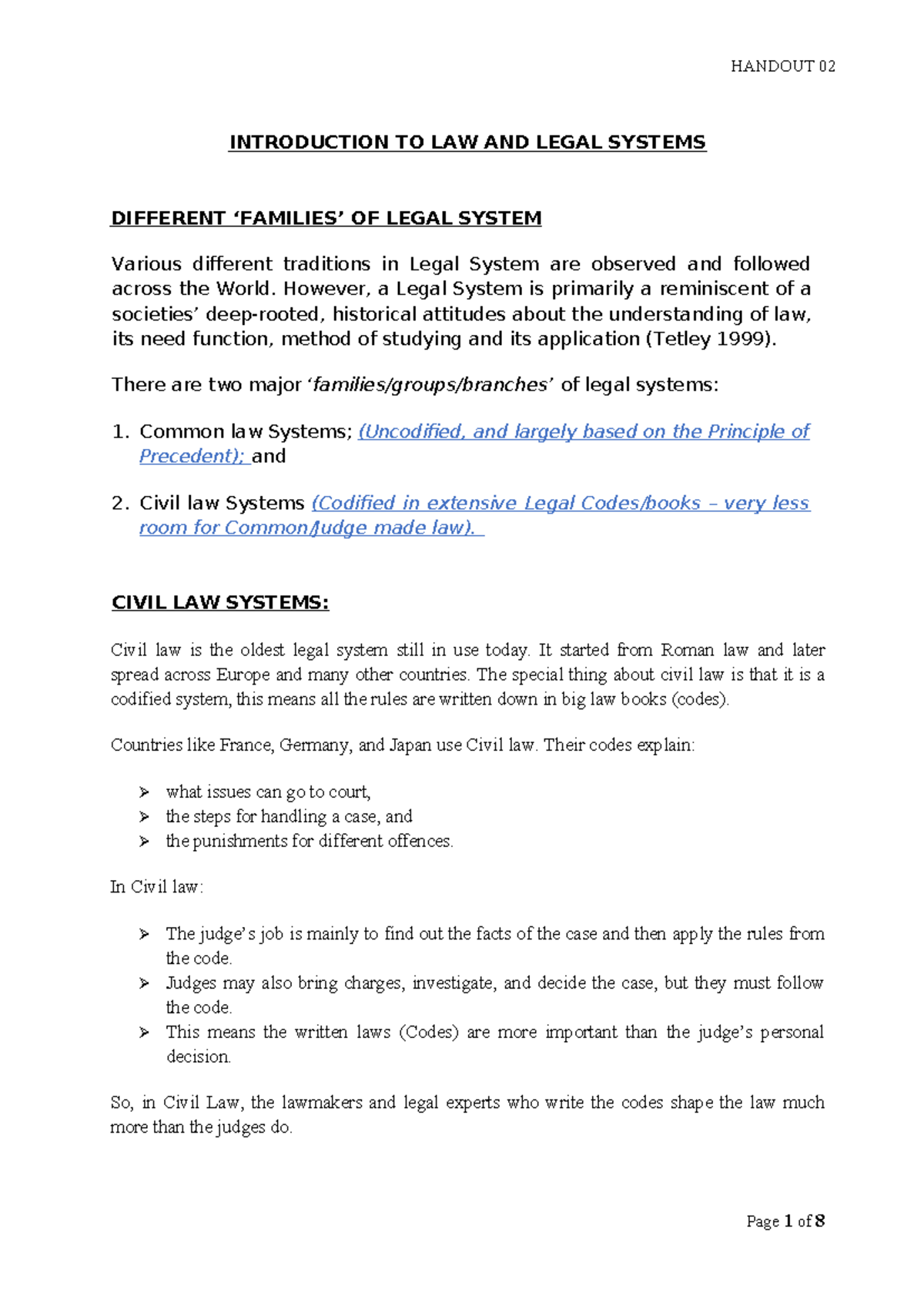 Introduction to Law and Legal Systems: Common vs Civil Law (LAW 101 ...