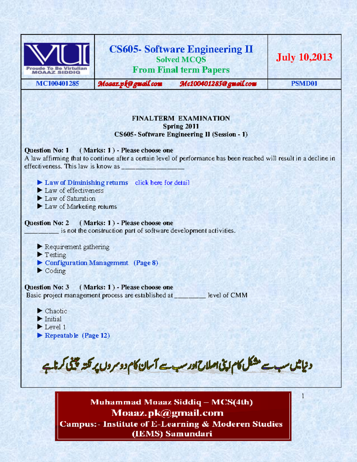 Cs605 final term mcqs solved with references by moaaz - CS605- Software Engineering II Solved ...