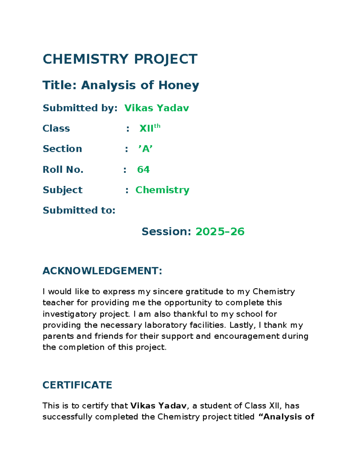 CHEMISTRY PROJECT: Analysis of Honey (Class XII) - Studocu