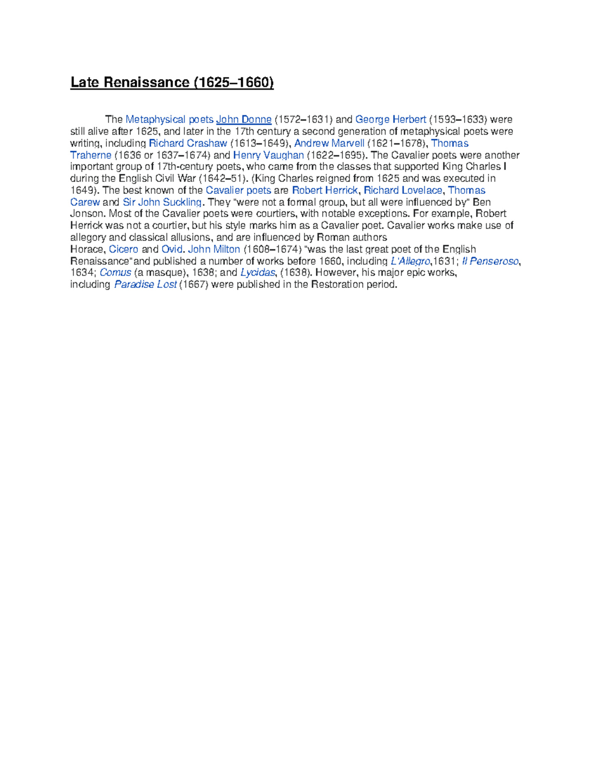 Late Renaissance - its lecture notes - Late Renaissance (1625–1660) The ...