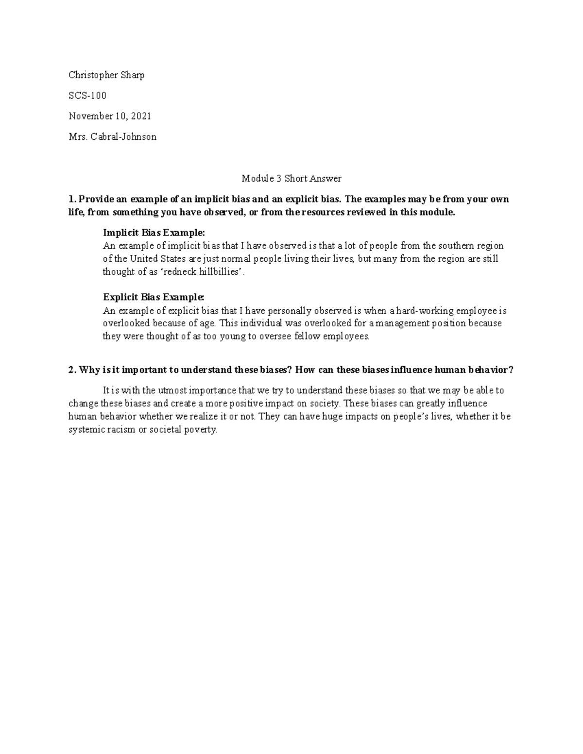 SCS100 Module 3 Shrt Answer - Christopher Sharp SCS- November 10, 2021 Mrs. Cabral-Johnson ...