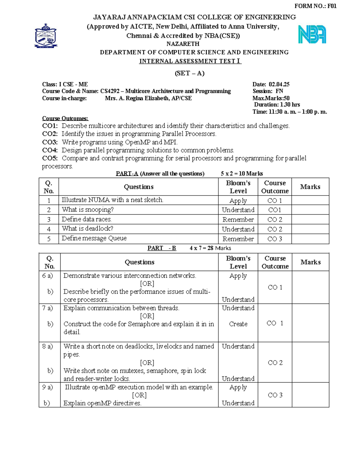 IAT-I (SET A) - CS4292 Multicore Architecture & Programming Questions - Studocu