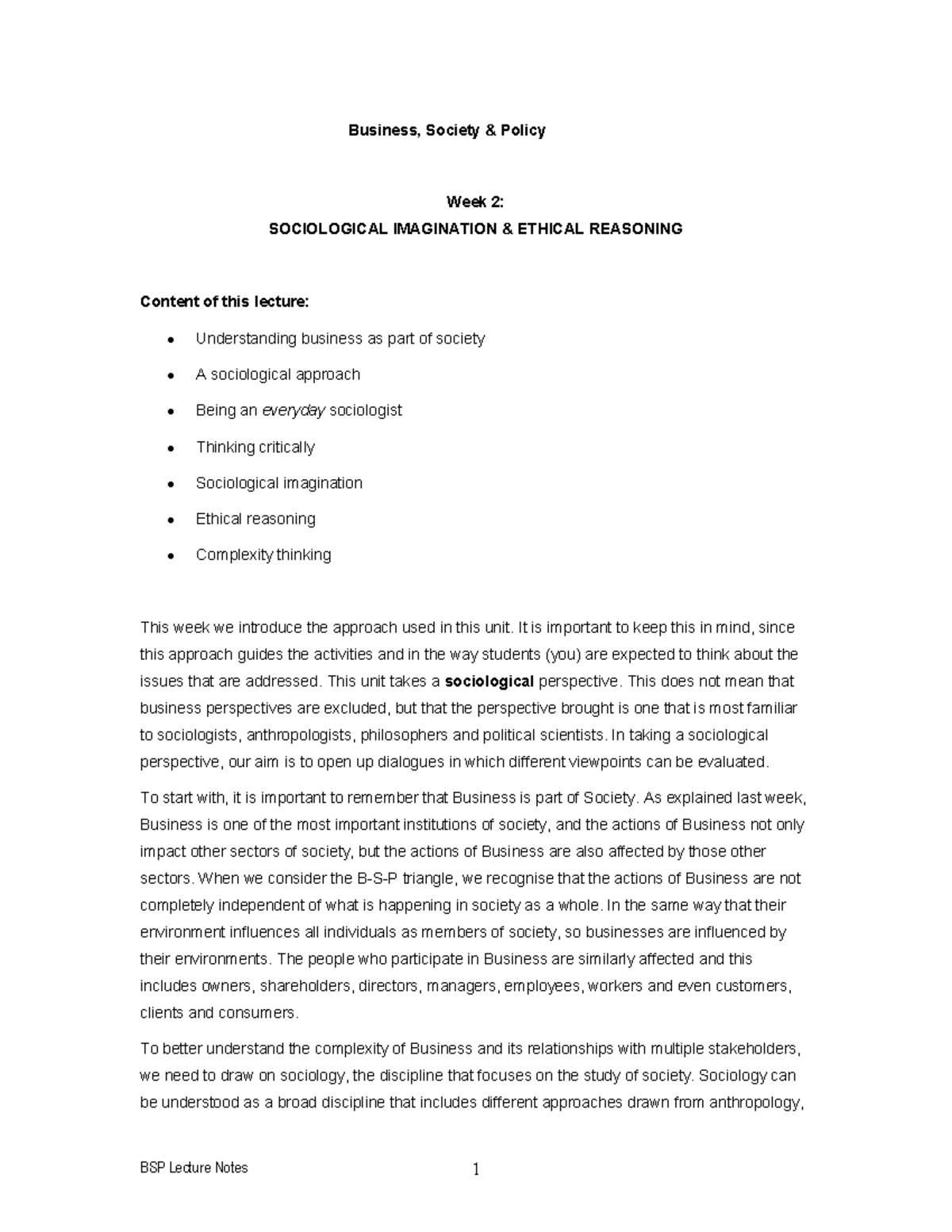 Week 2 BSP - Lecture notes week 2 - Business, Society & Policy Week 2 ...