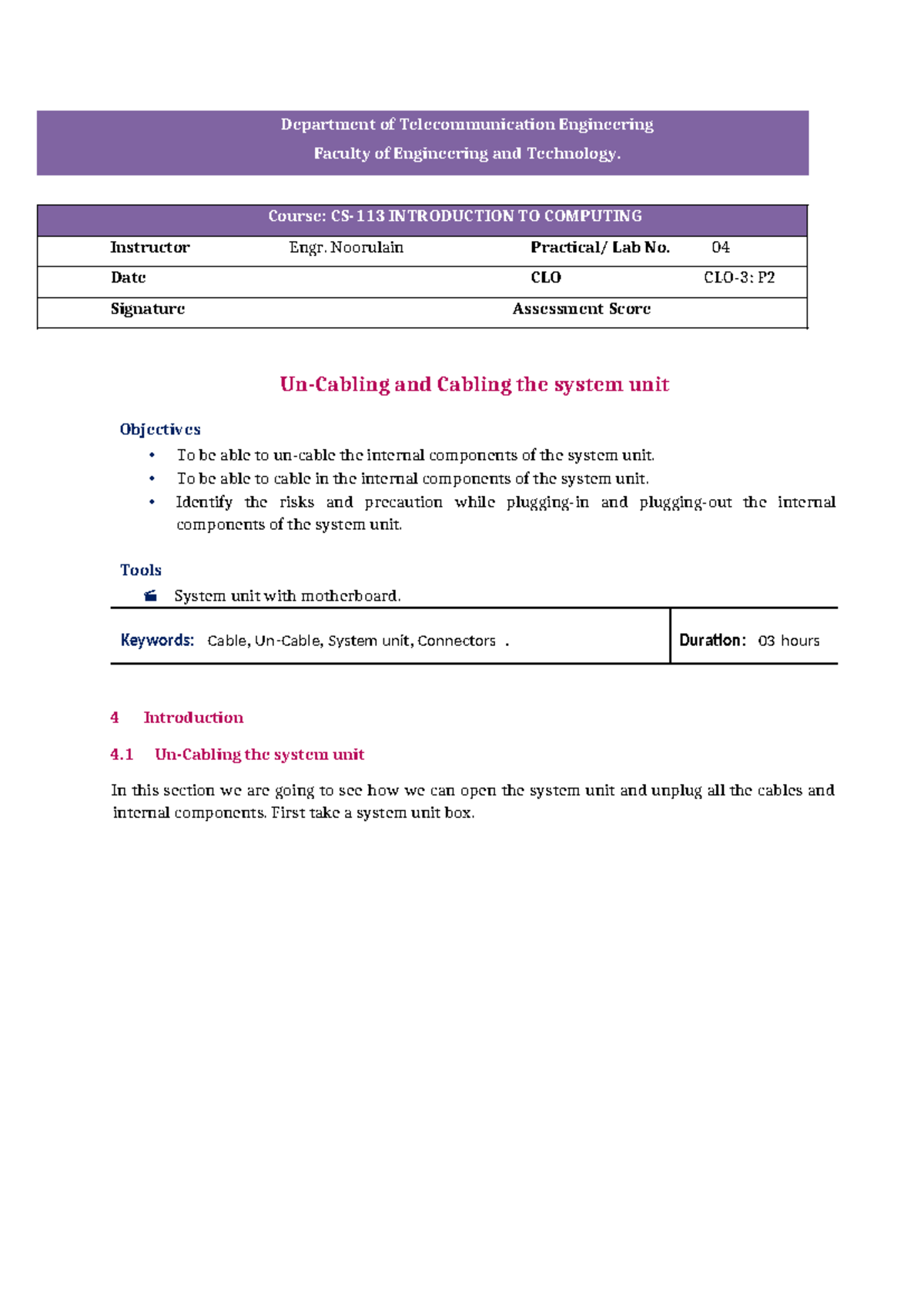 Practical 04: Cabling the System Unit - ICT Lab Handouts - Studocu