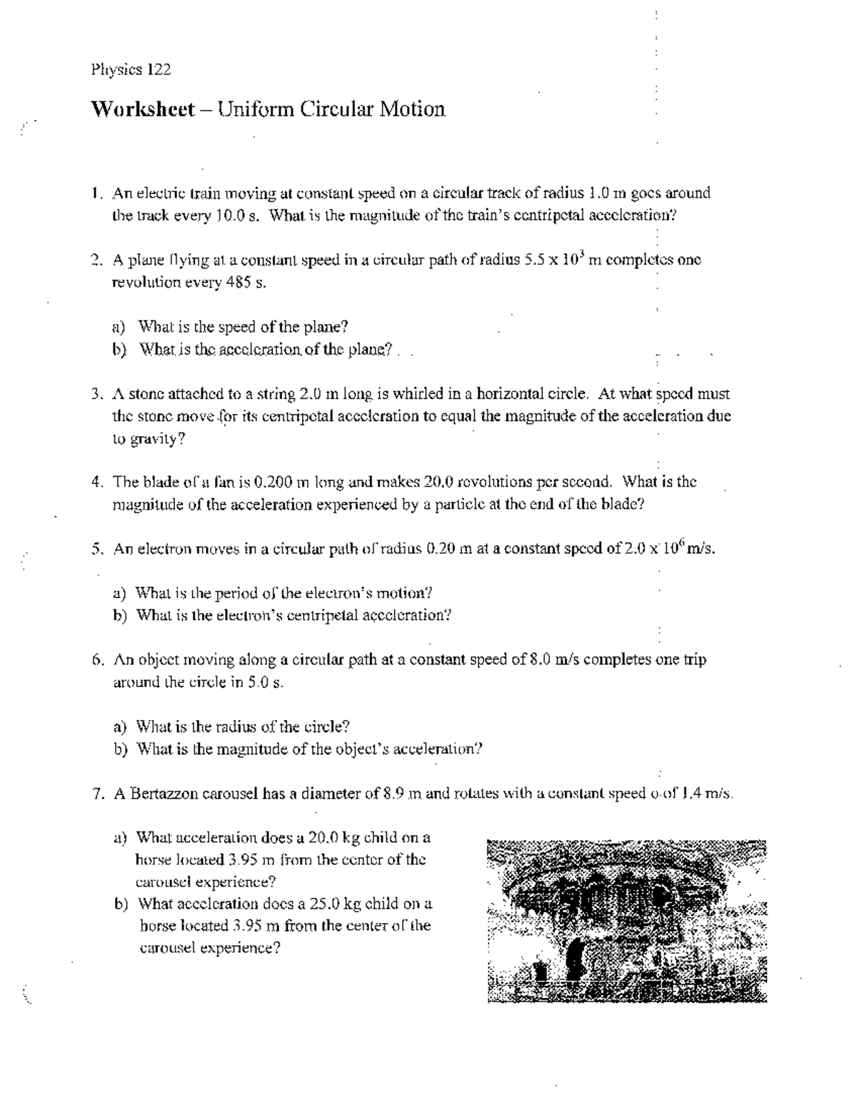 Uniform Circular Motion Worksheet 1 - Physics 122 Worksheet Uniform ...