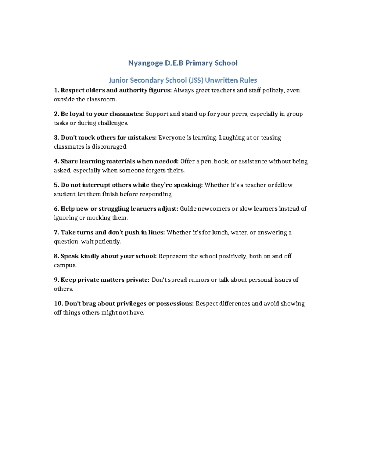 Nyangoge JSS Unwritten Rules: Guidelines for Respect and Support - Studocu