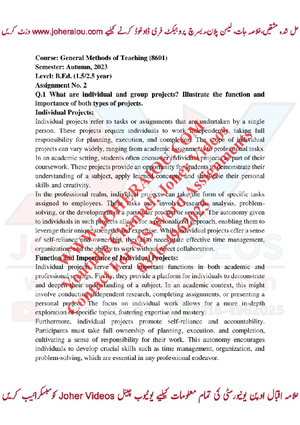 8601 (assignment 1) - Assignment no. 1 Course code: 8601 (General Methods of Teaching) Submitted ...