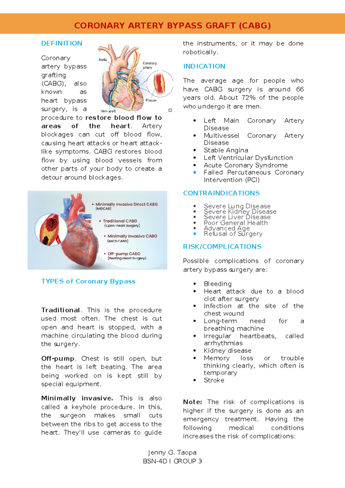 CABG Overview: Indications, Procedure, Risks, and Nursing Care - Studocu