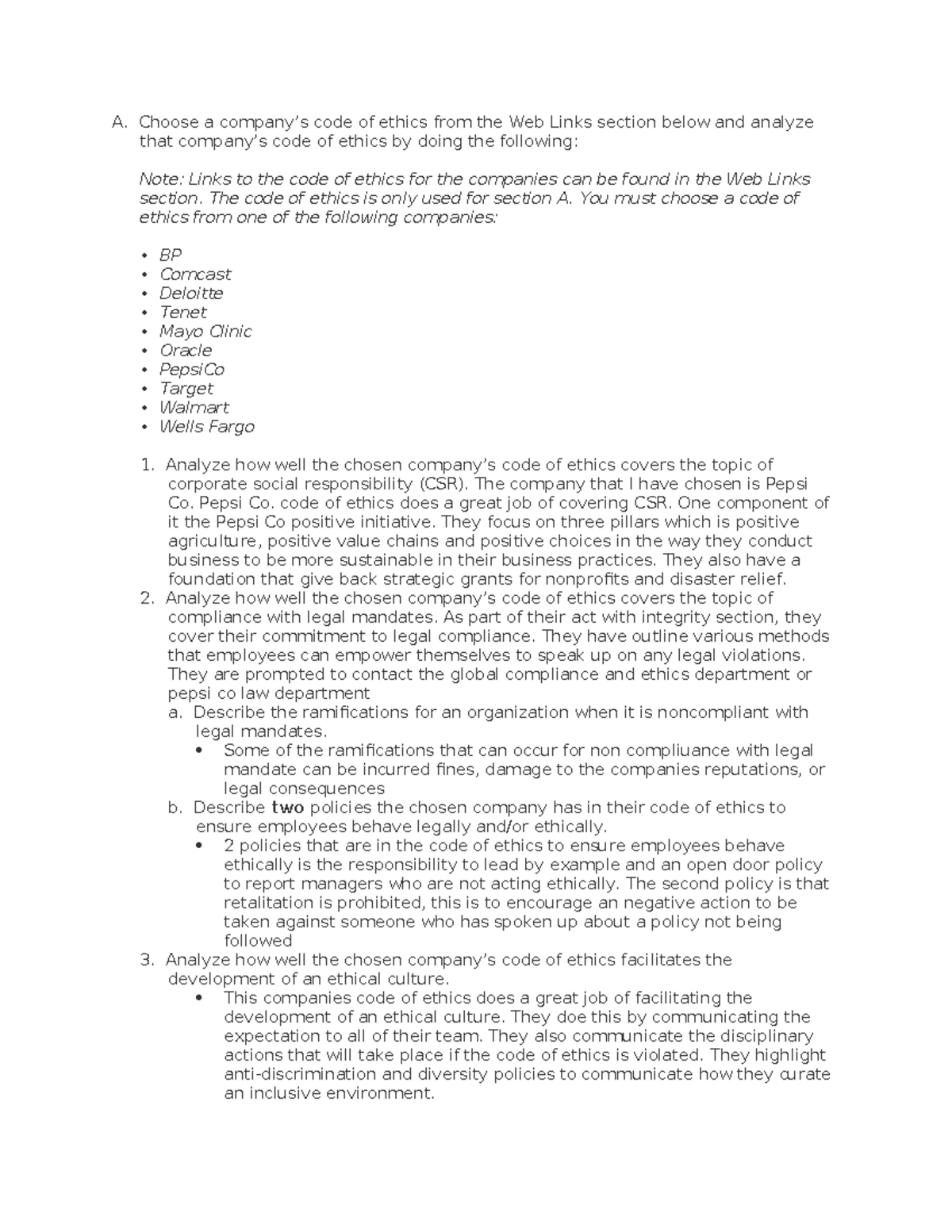 Analysis of PepsiCo's Code of Ethics: CSR, Compliance & Culture (EHM2 ...