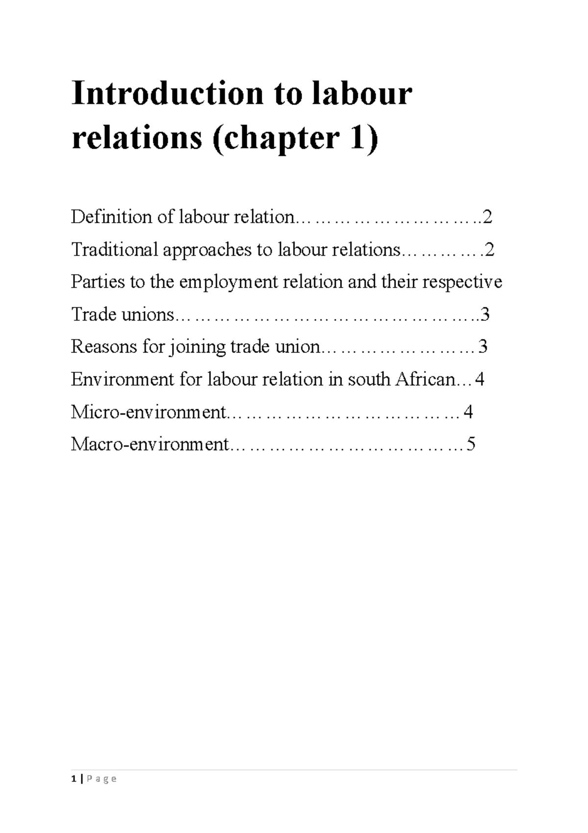 Labour notes - Introduction to labour relations (chapter 1) Definition ...