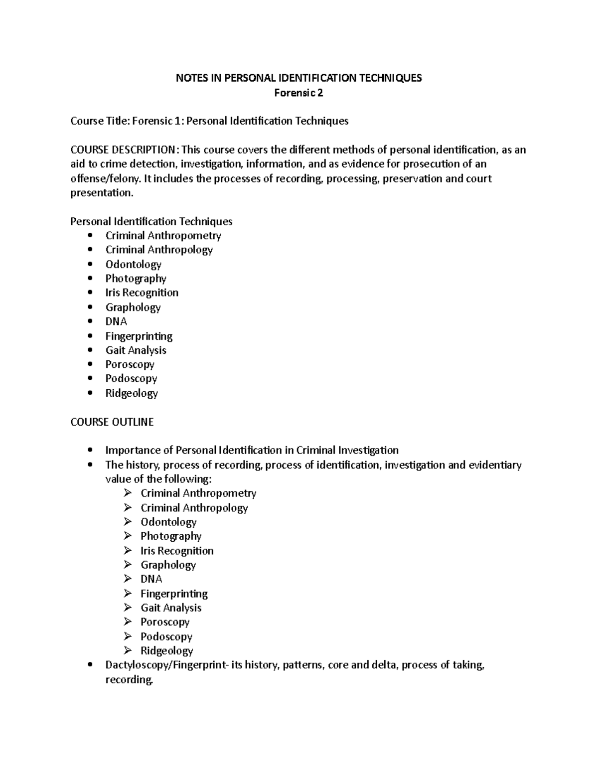 Lecture Notes on Personal Identification Techniques - Forensic 2 - Studocu