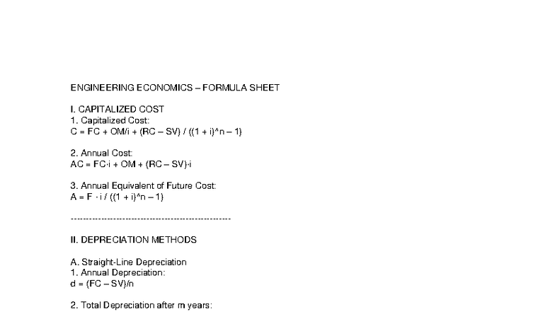 ENGR 101: Engineering Economics Formula Sheet for Quick Reference - Studocu