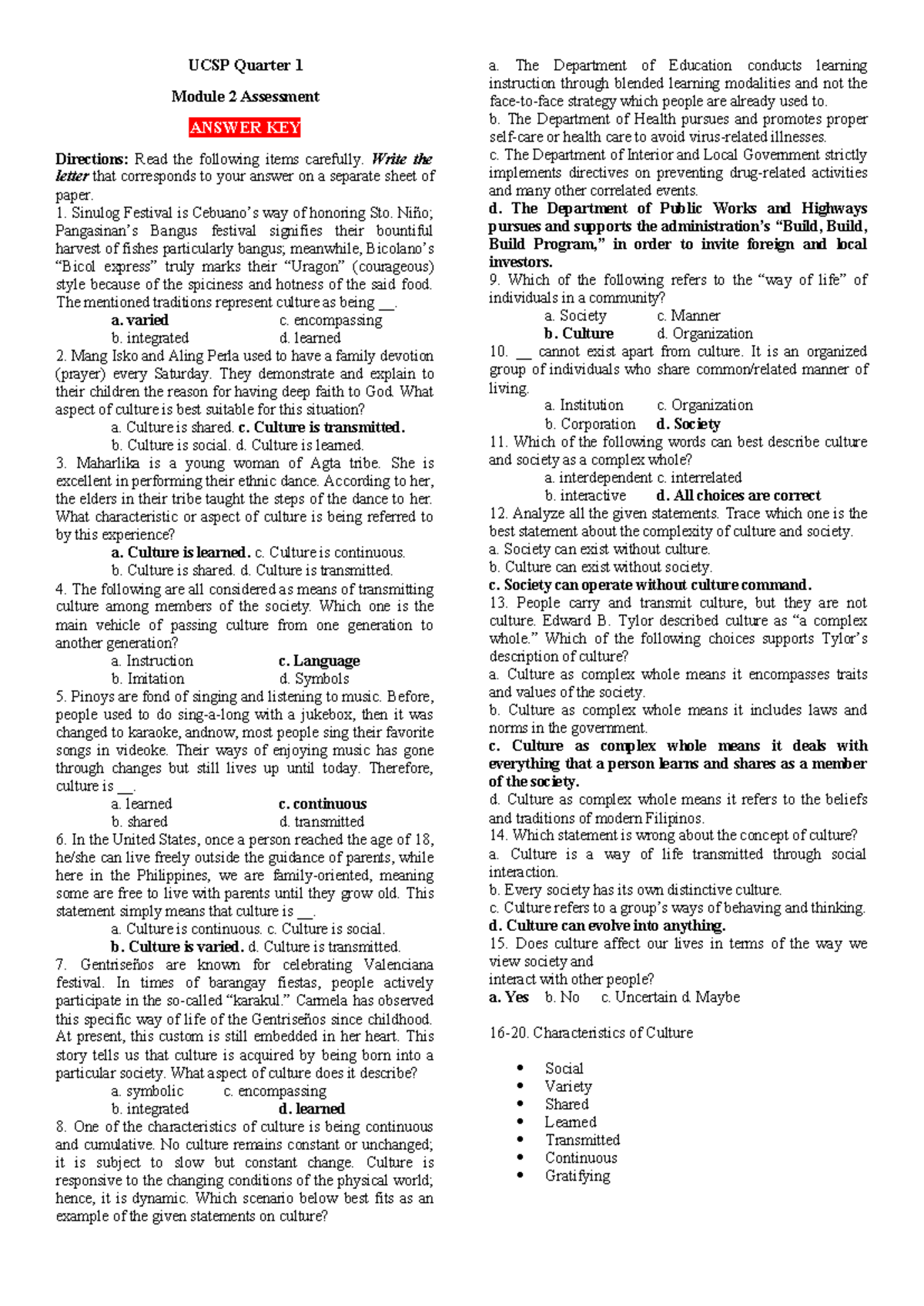 UCSP Q1 M2 Assessment: Answer Key and Culture Concepts - Studocu