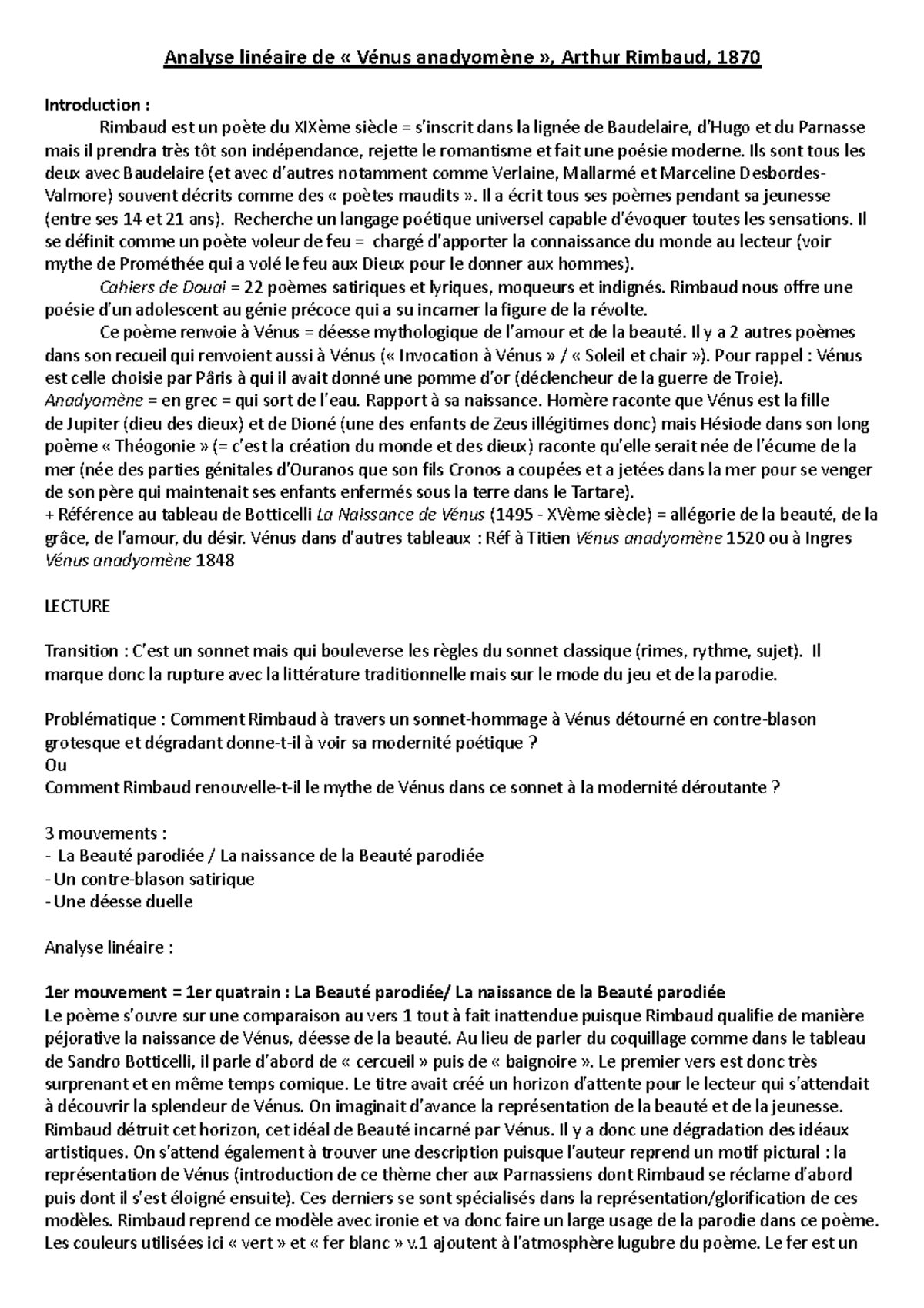 Analyse linéaire : « Vénus anadyomène » d'Arthur Rimbaud (1870) - Studocu