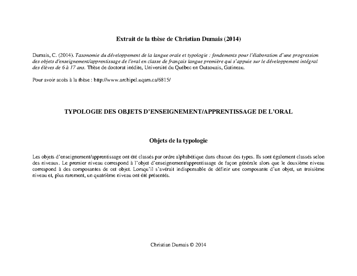 Typologie des Objets de l'Oral - Cours de Christian Dumais 2014 - Studocu