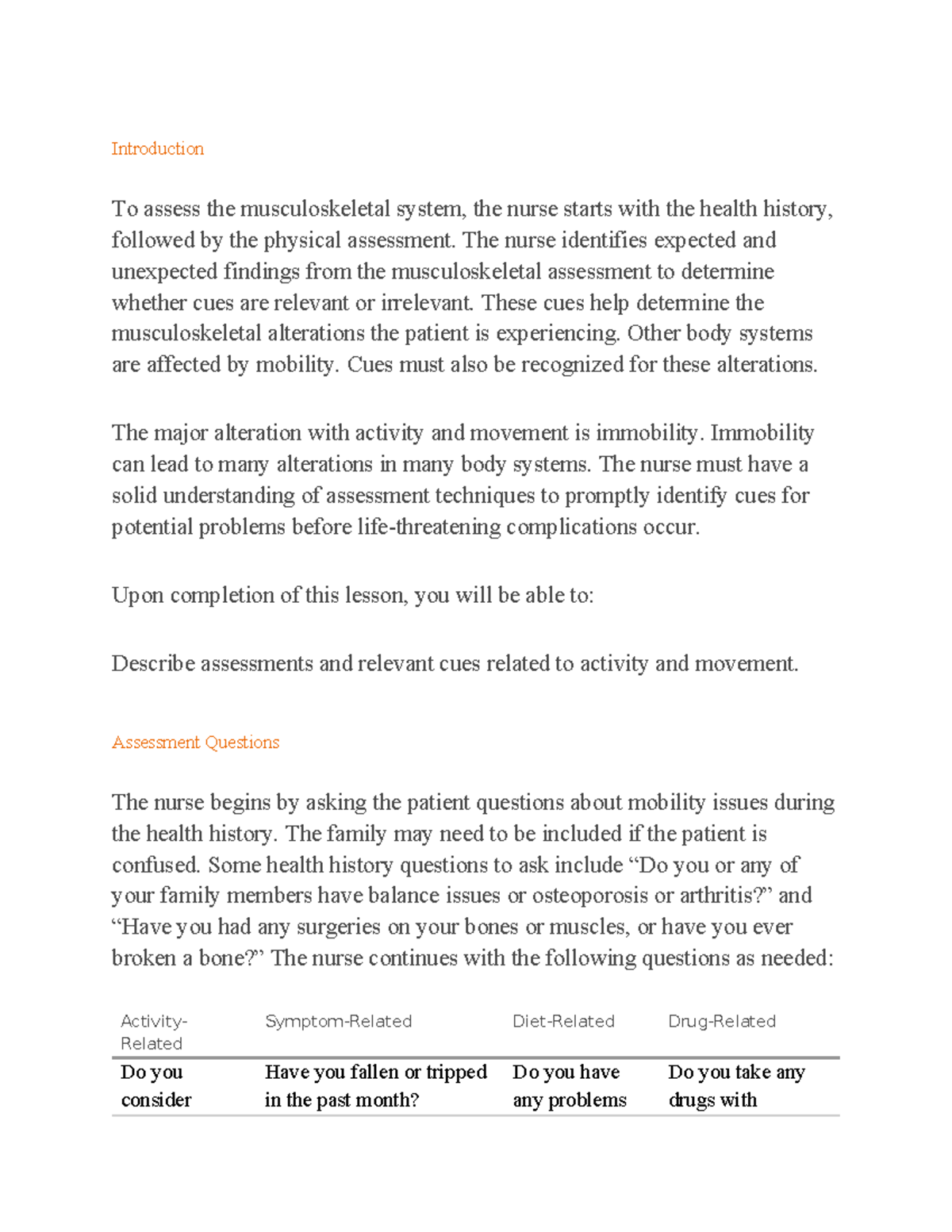 NUR 101: Activity and Movement Assessment - Recognizing Cues - Studocu
