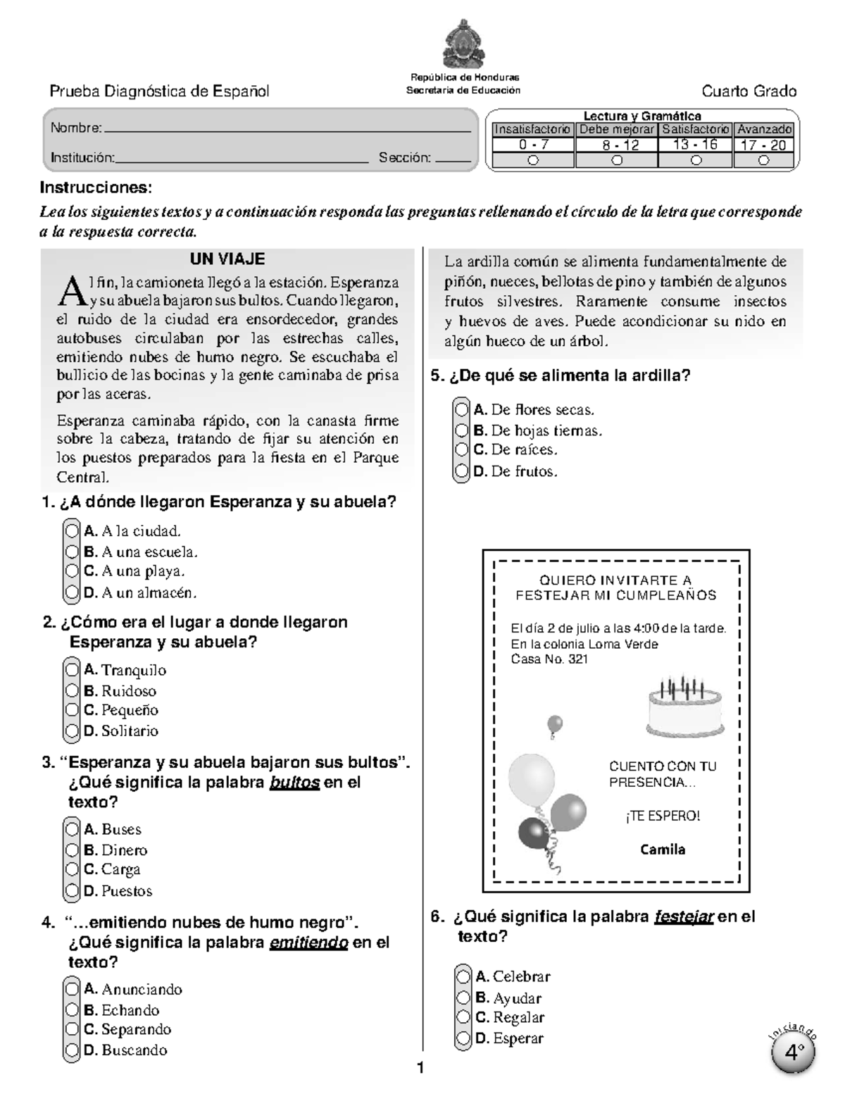 Prueba Diagnóstica de Español 4° Grado - Comprensión y Escritura - Studocu