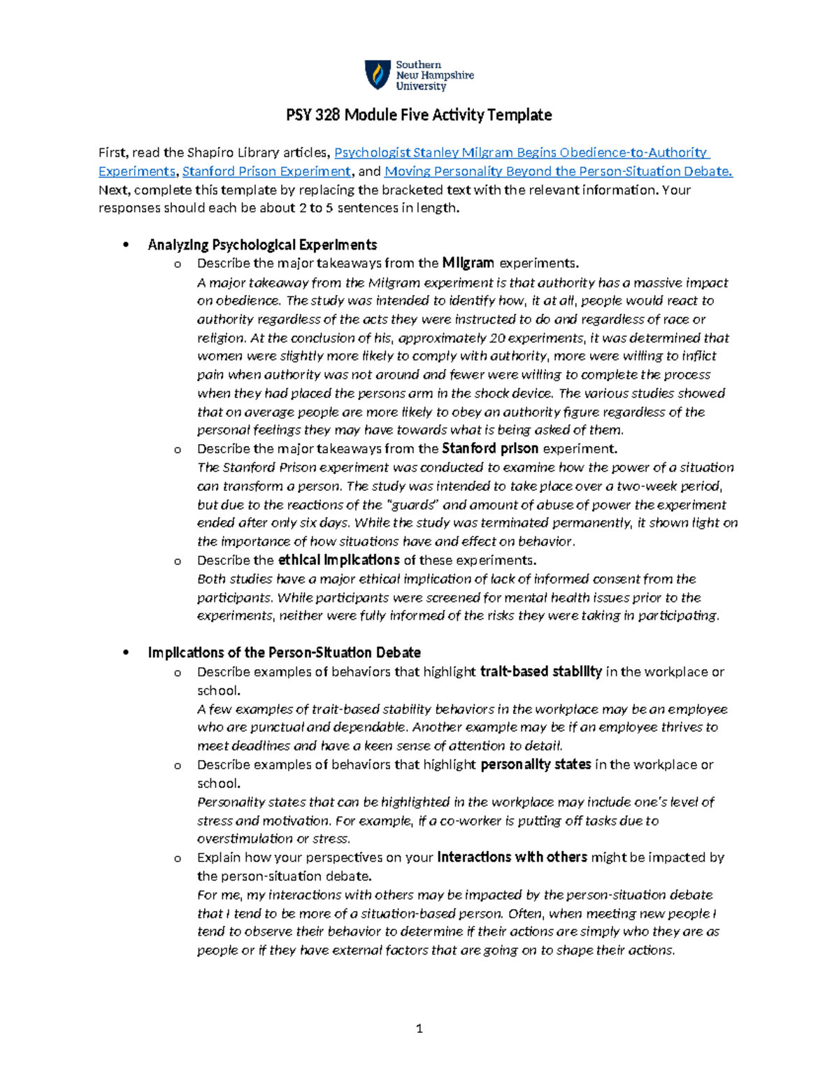 PSY 328 Module Five Activity Template - PSY 328 Module Five Activity Template First, read the ...