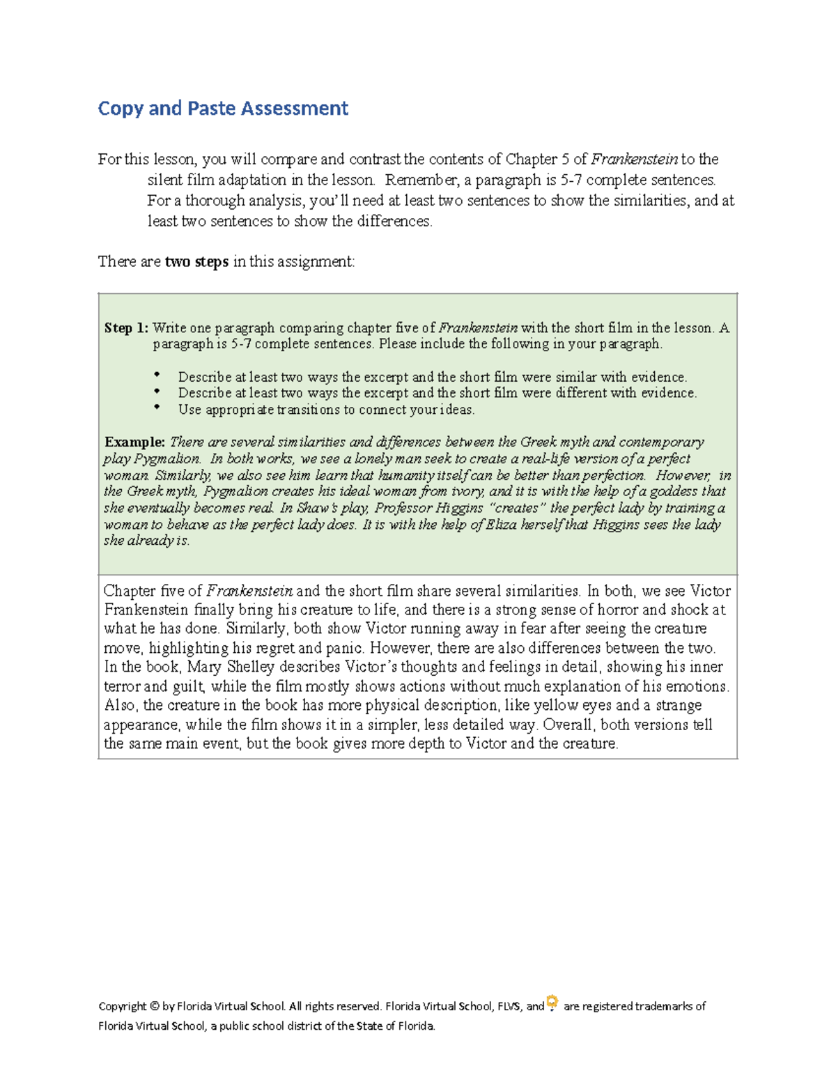05 02 Copy and Paste Assessment: Comparing Frankenstein Chapter 5 and ...