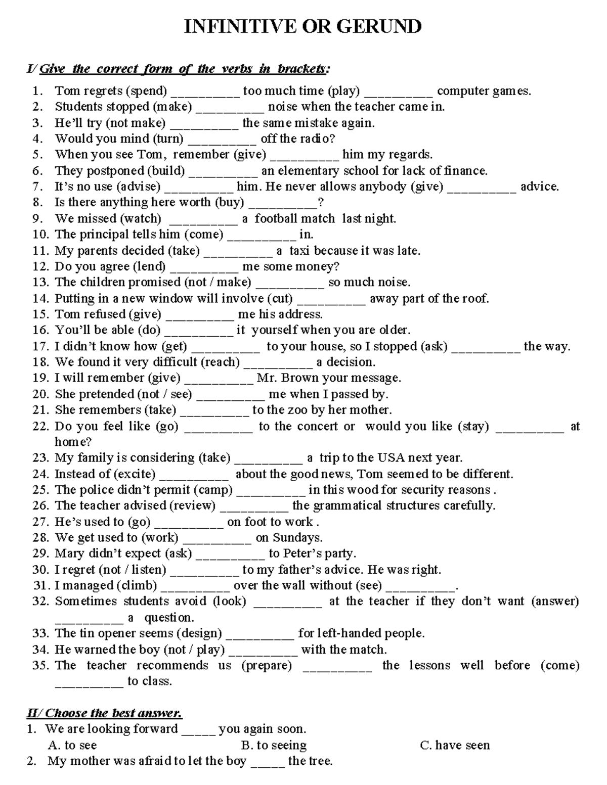 INFINITIVE OR GERUND: Exercises and Answers for Practice - Studocu