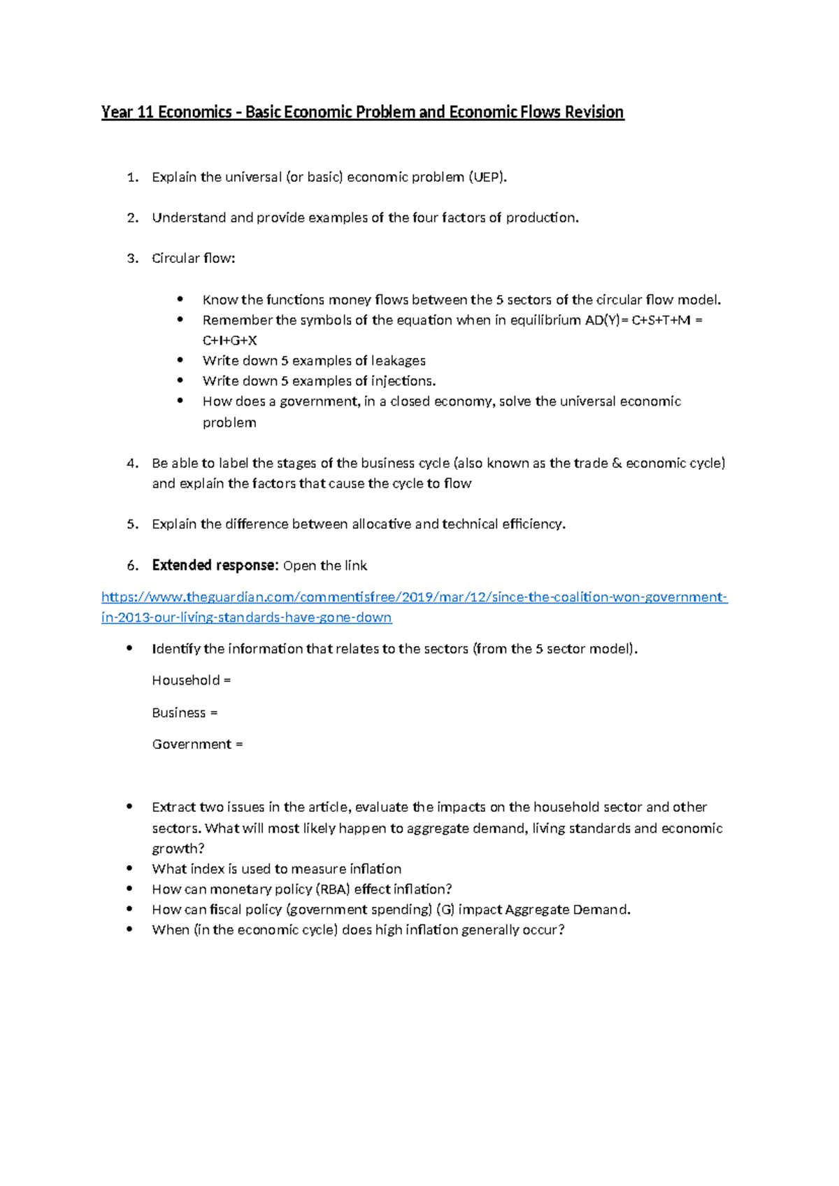Economic Problem and Economic Flows Quiz - Year 11 Economics - Basic ...