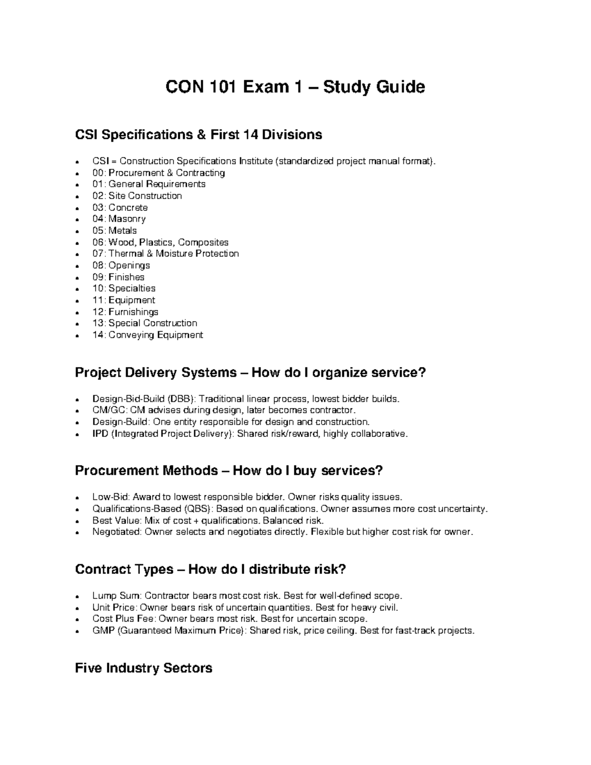 CON 101 Exam 1 Study Guide: CSI Specs & Delivery Methods - Studocu