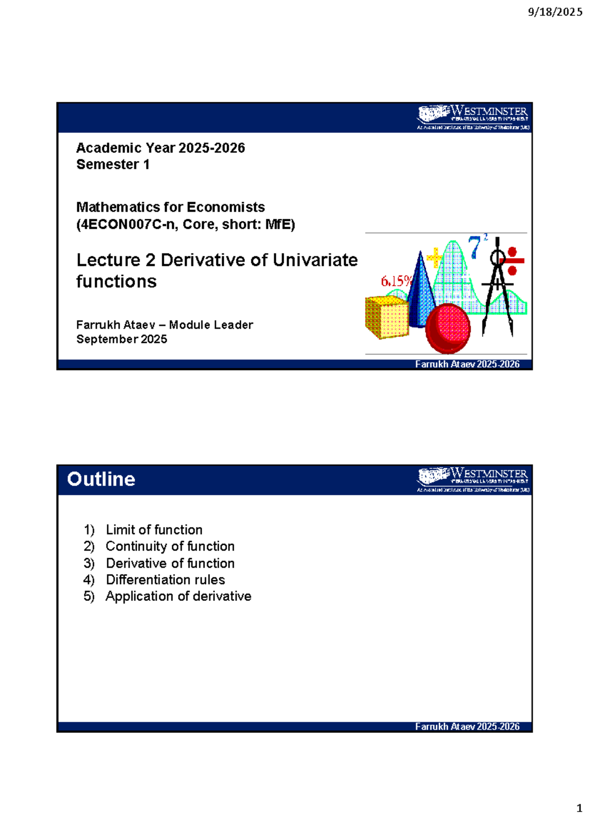 Lec 2 MfE 2025-26: Derivatives of Univariate Functions - Studocu