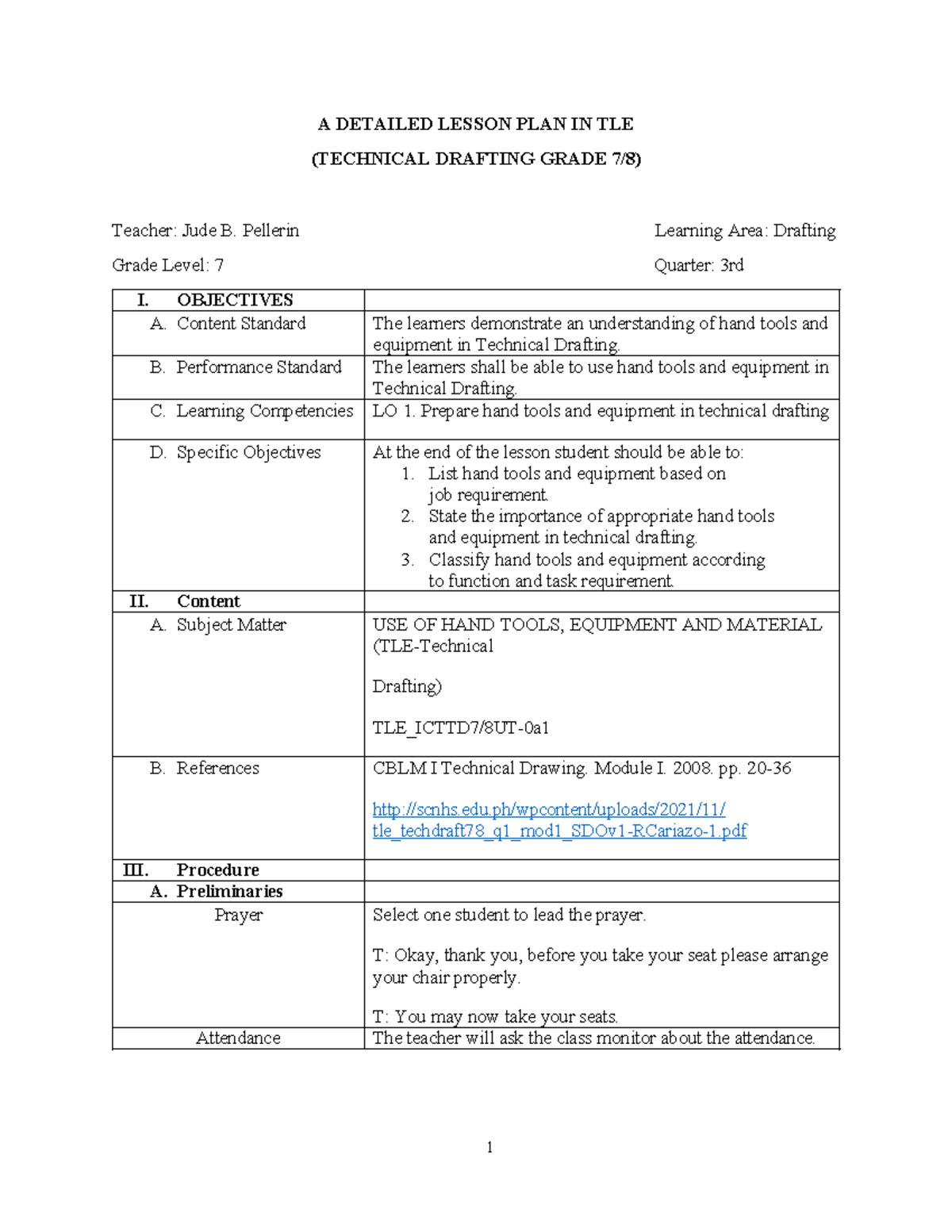 TLE-Technical Drafting Lesson Plan for Grades 7/8: Tools & Equipment - Studocu