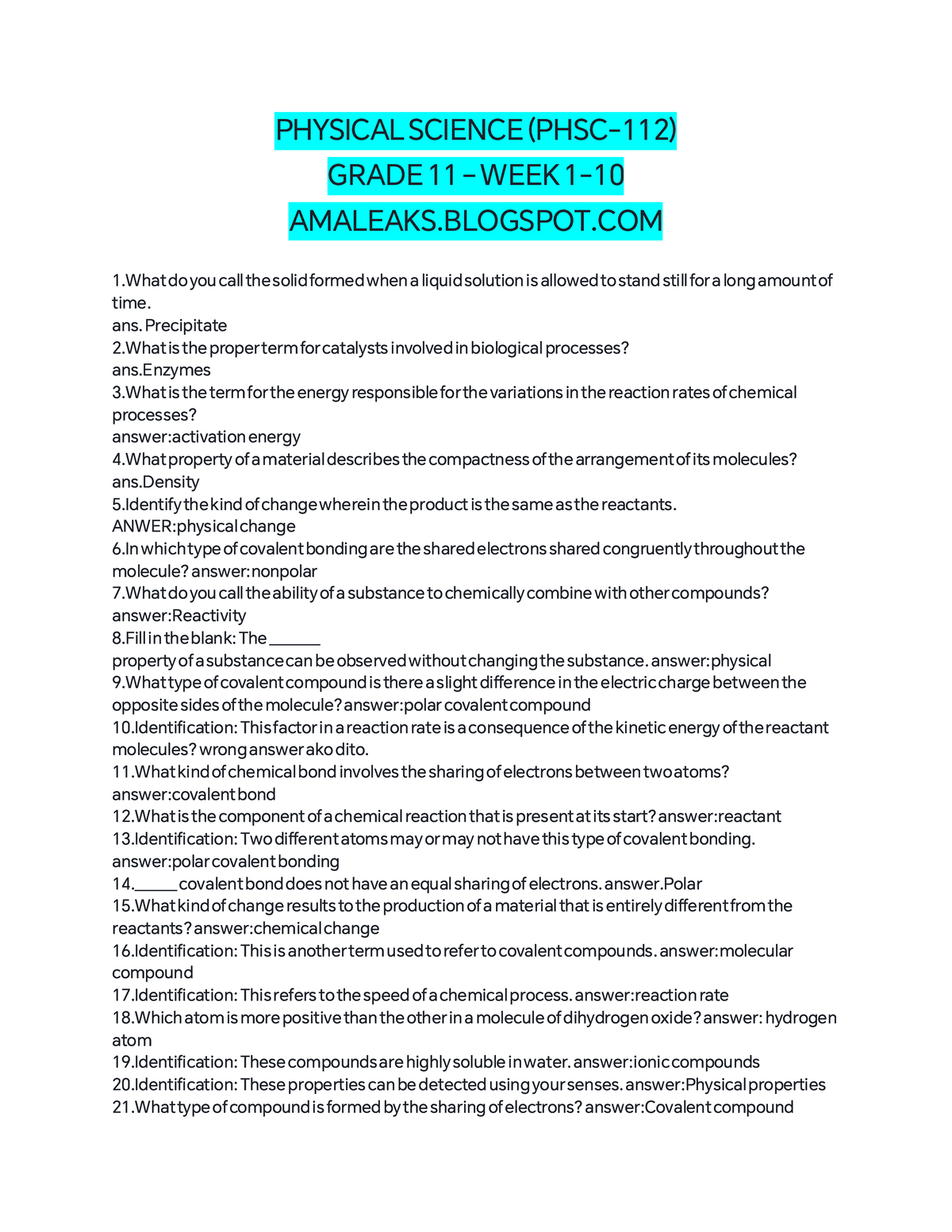 Physical Science (PHSC-112) Grade 11 Week 1-10 Study Guide - Studocu