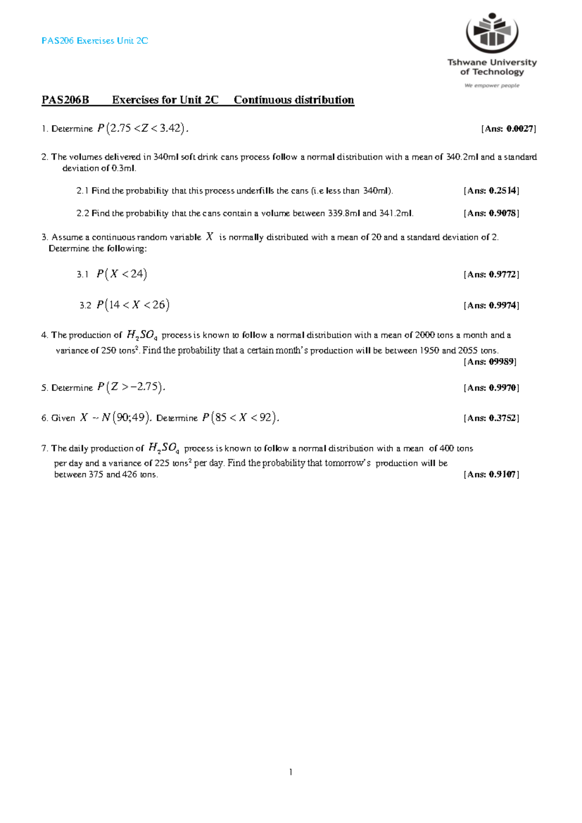 PAS206 Unit 2C Exercises on Continuous Distribution Analysis - Studocu