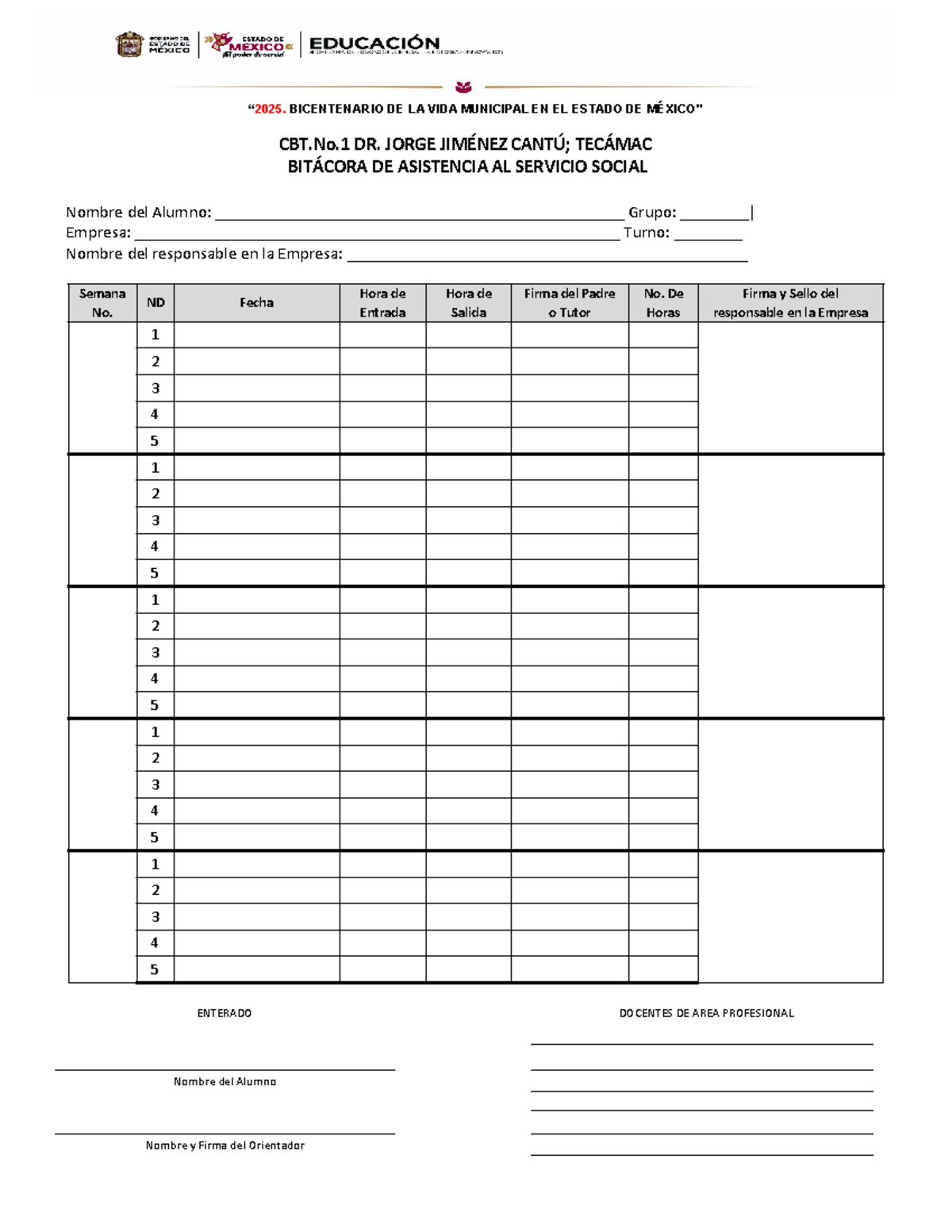 39.- Bitacora DE Horas DE Servicio Social 2025 - “2025. BICENTENARIO DE ...