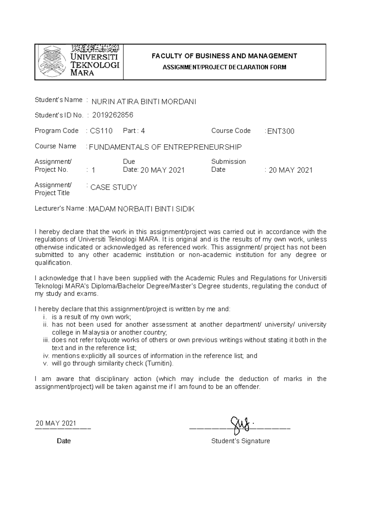 Assignment Declaration FORM - FACULTY OF BUSINESS AND MANAGEMENT ...